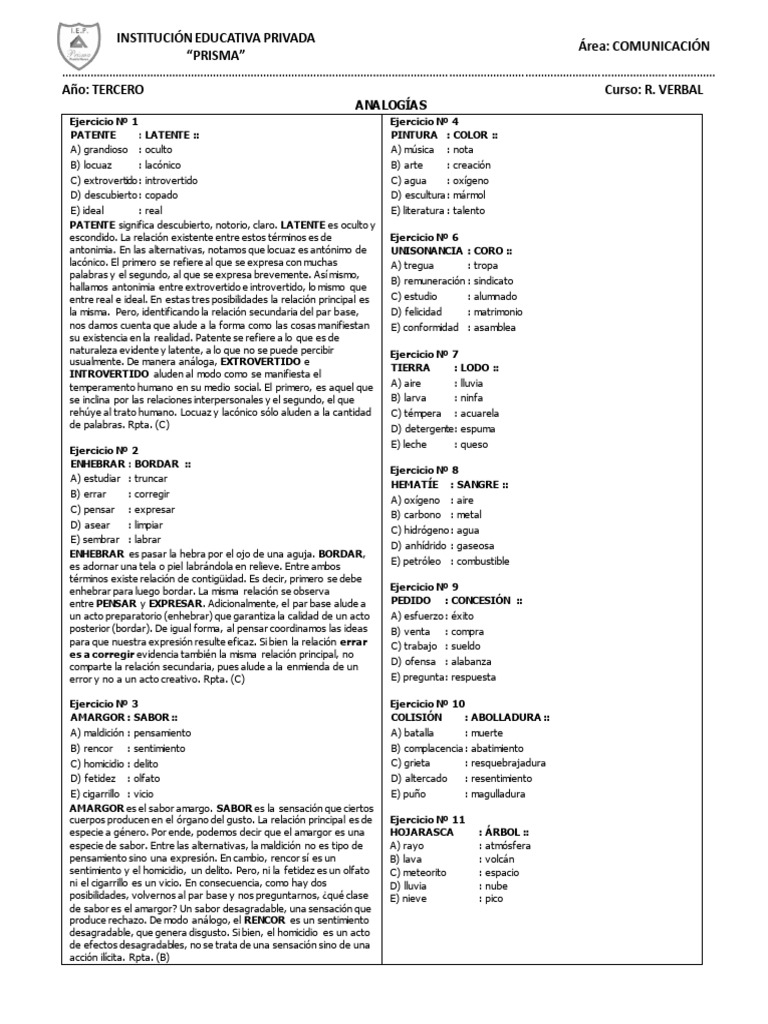 Ficha 12 - R Verbal 3ro - Analogías | PDF