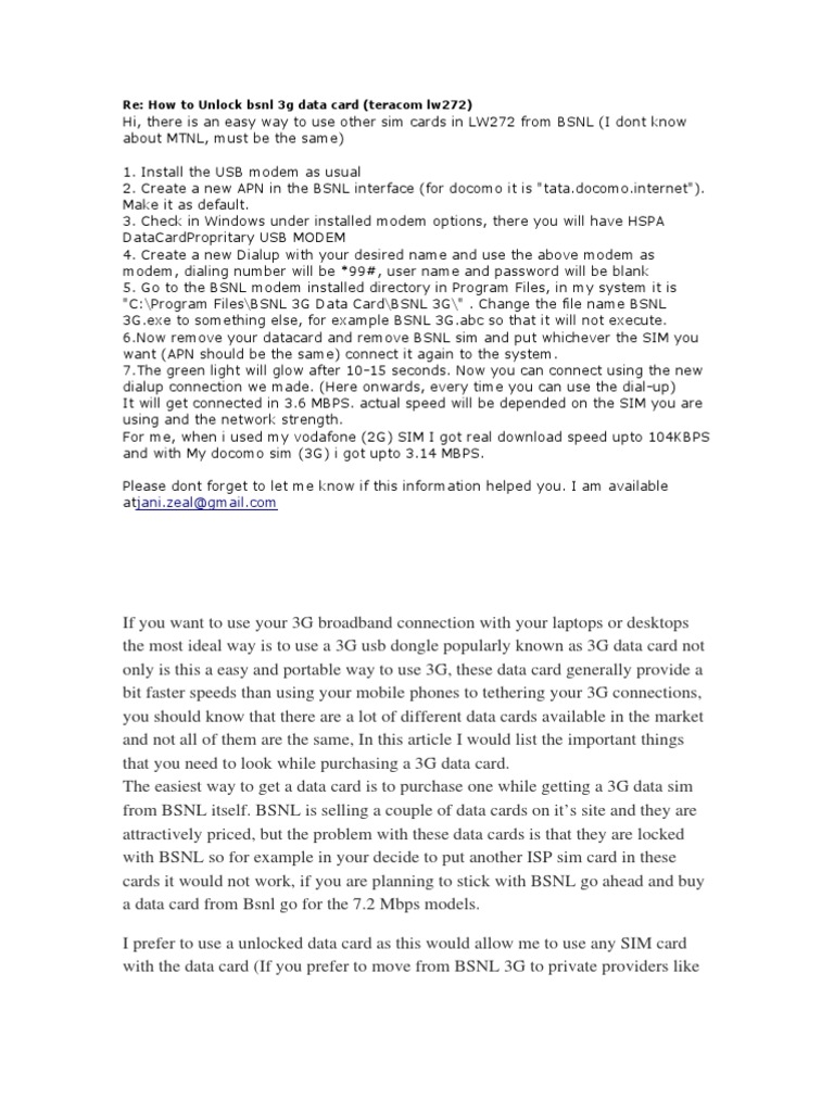 Re: How To Unlock BSNL 3g Data Card (Teracom lw272) | PDF | 3 G | Modem