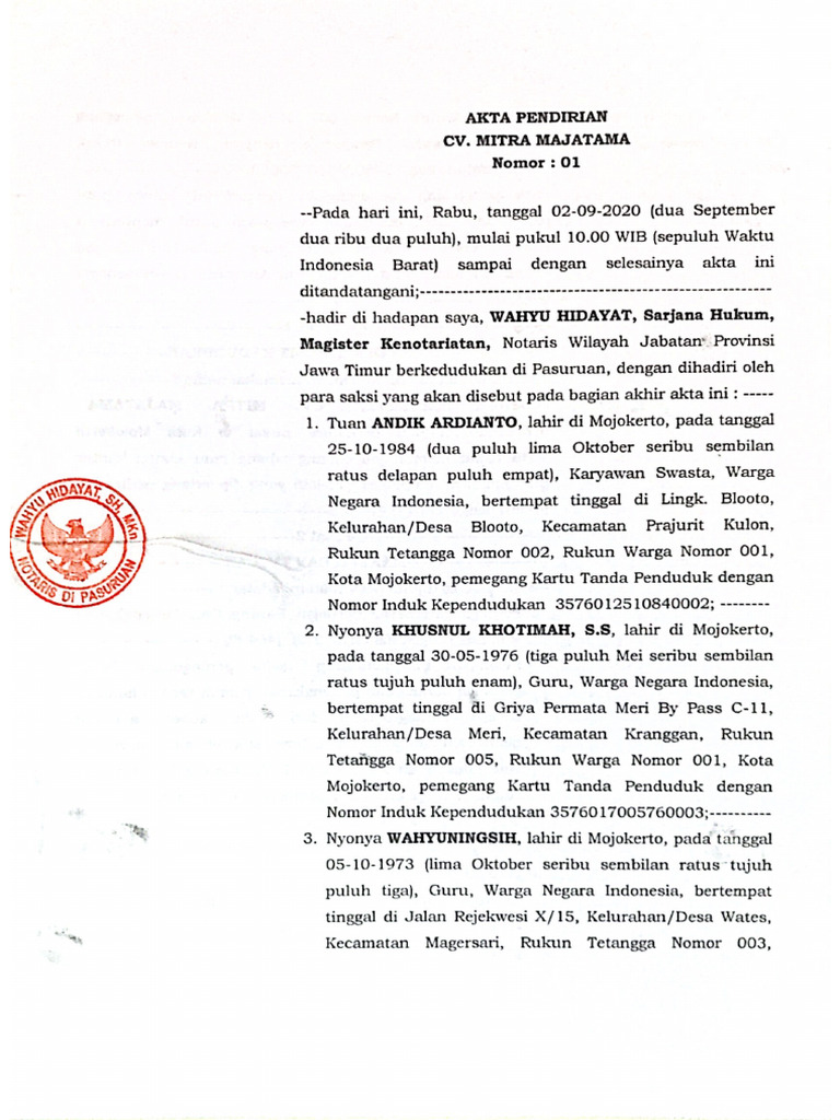 Akta Pendirian CV - Mitra Majatama | PDF