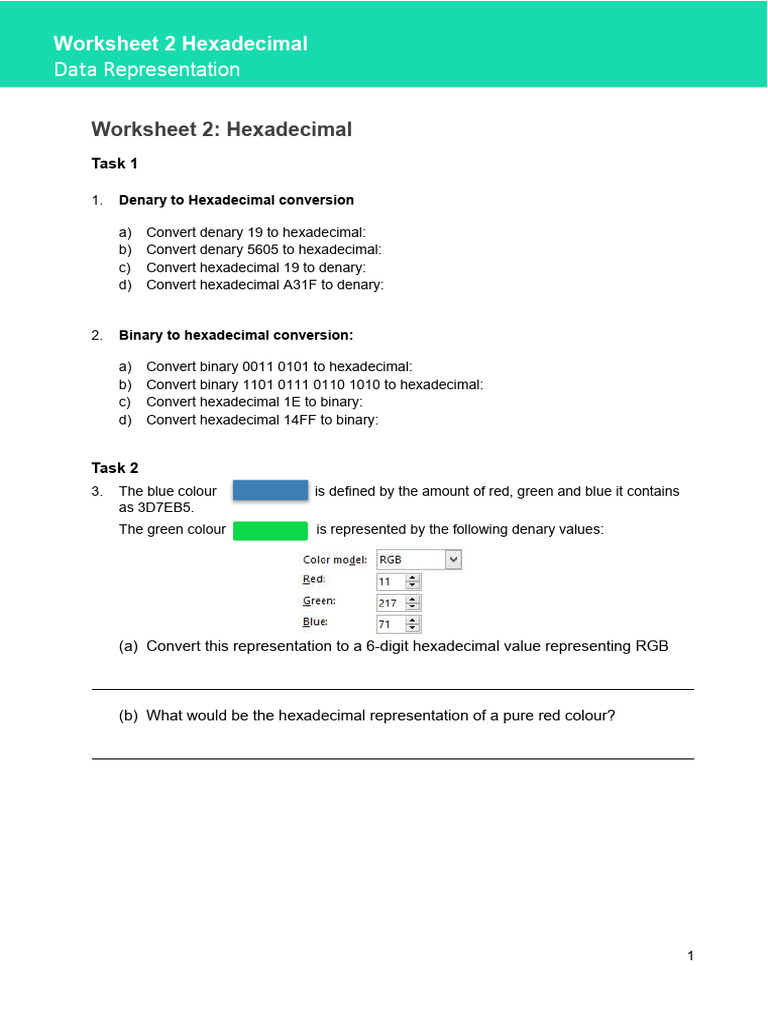 Lesson 1.1.2 Resource - Worksheet 2 Hexadecimal | PDF | Computer Data | Computing