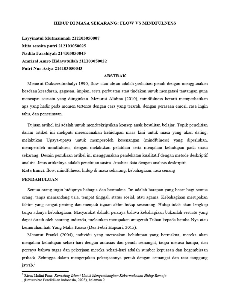 Artikel Flow Dan Mindfulness Pdf Karier And Perkembangan