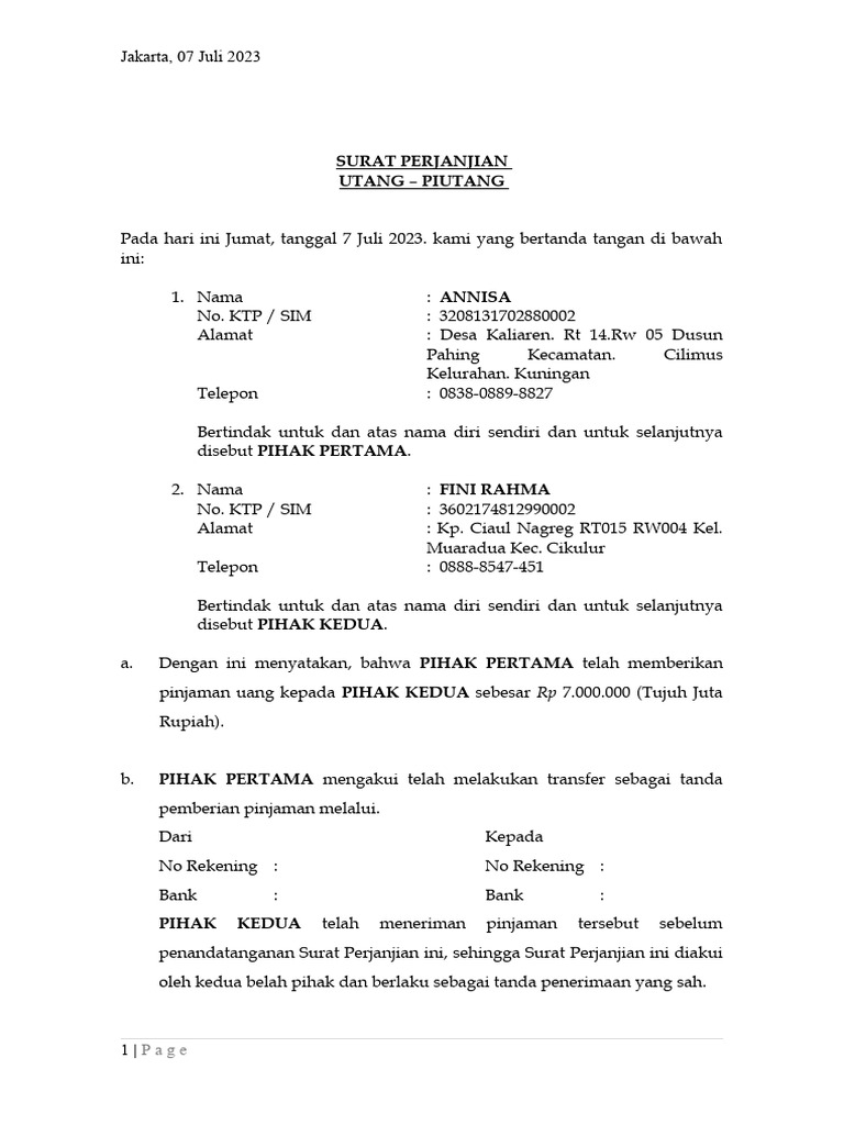 Suran Perjanjian Utang - Piutang (ANNISA - FINI) | PDF
