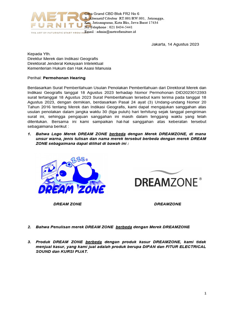 Permohonan Hearing Merek DREAM ZONE | PDF