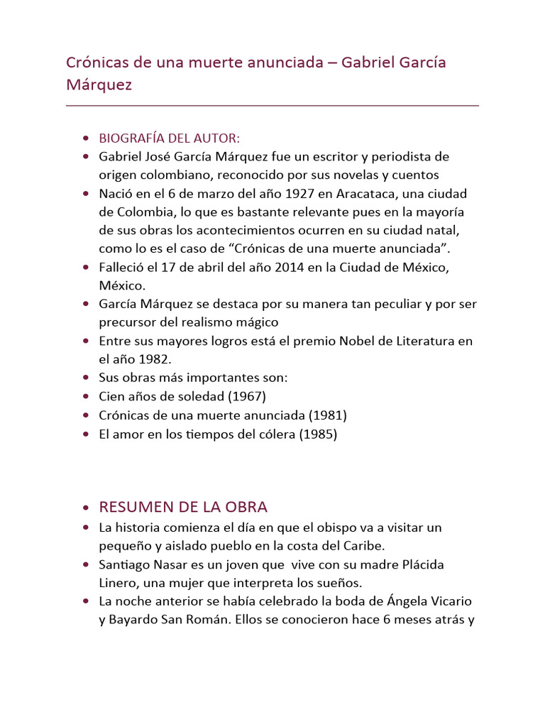 Crónicas de Una Muerte Anunciada | PDF | Gabriel García Márquez