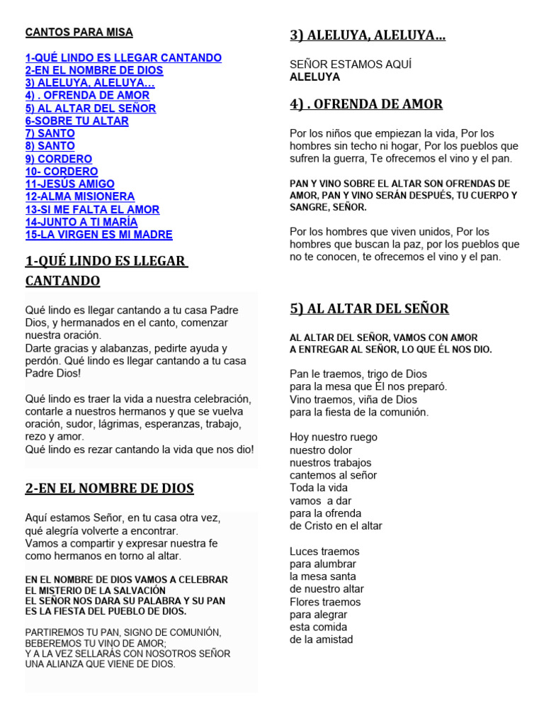 CANTOS PARA MISA-1 Letras | Descargar gratis PDF | eucaristía | Oración