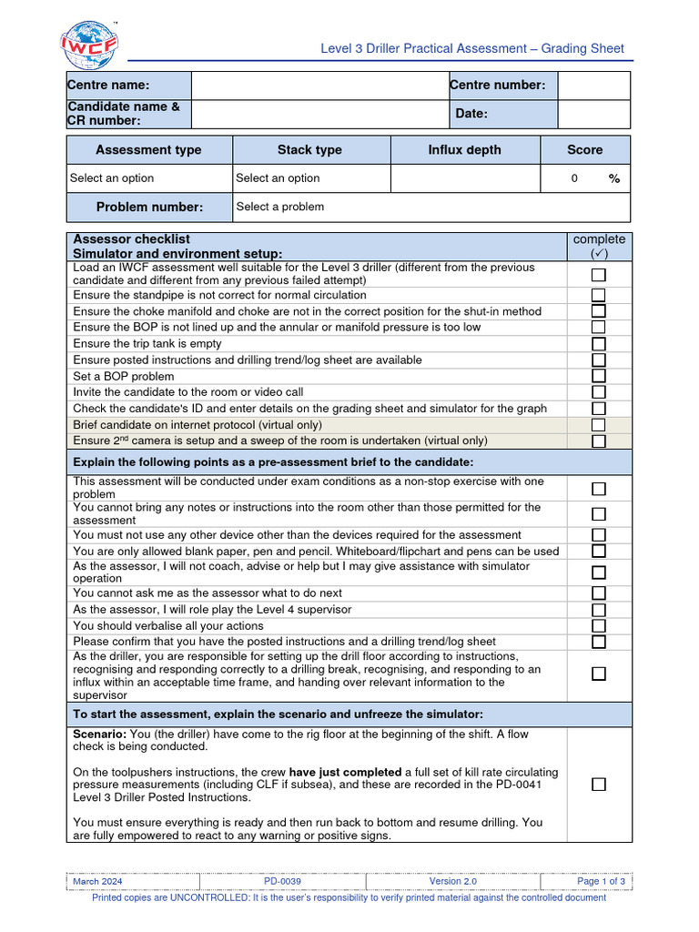 PD-0039 Level 3 Driller Practical Assessment - Grading Sheet | PDF | Simulation