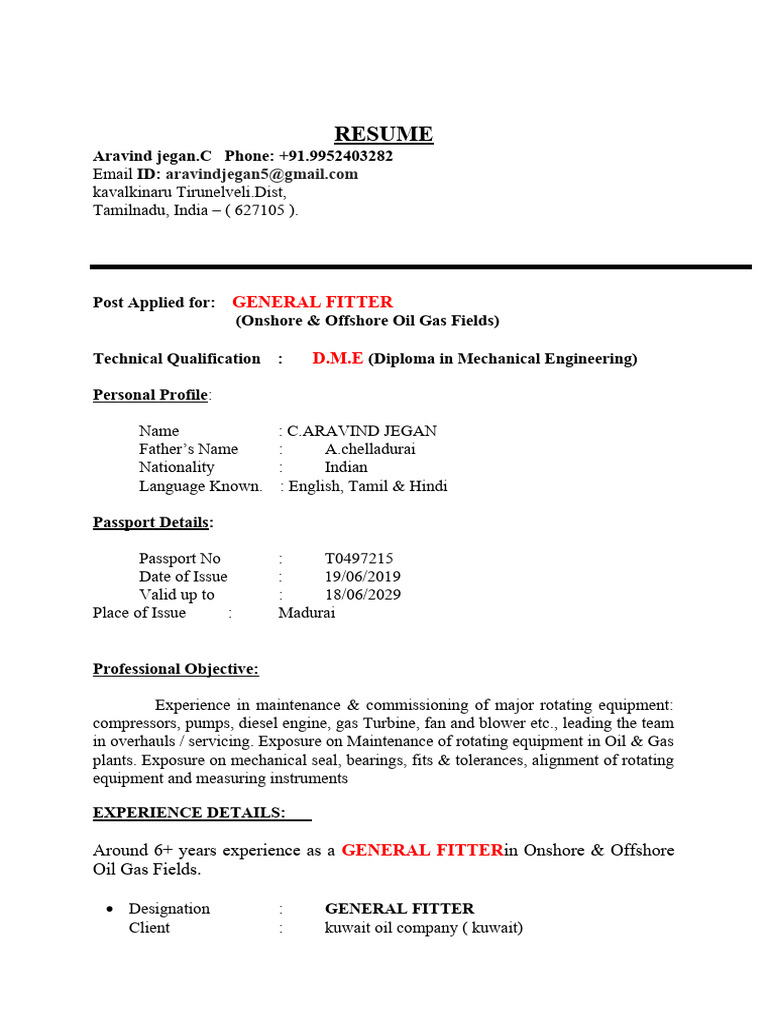Aravind Jegan - General Fitter | PDF | Pump | Bearing (Mechanical)