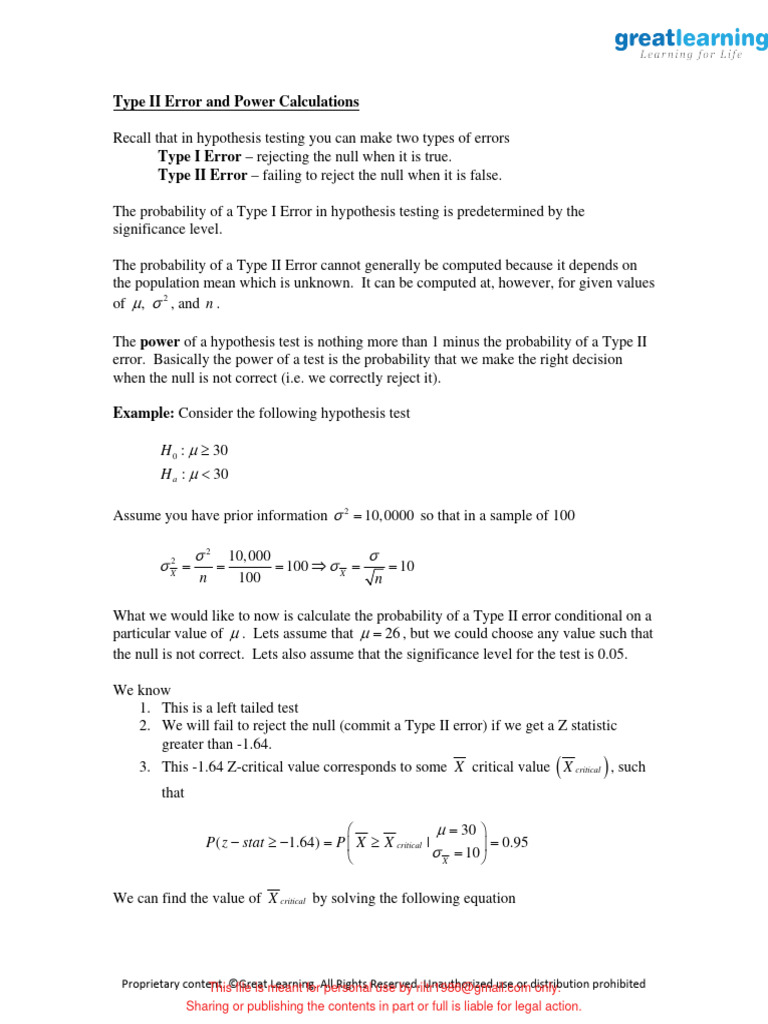 Type II Error and Power Calculations | PDF | Type I And Type Ii Errors ...