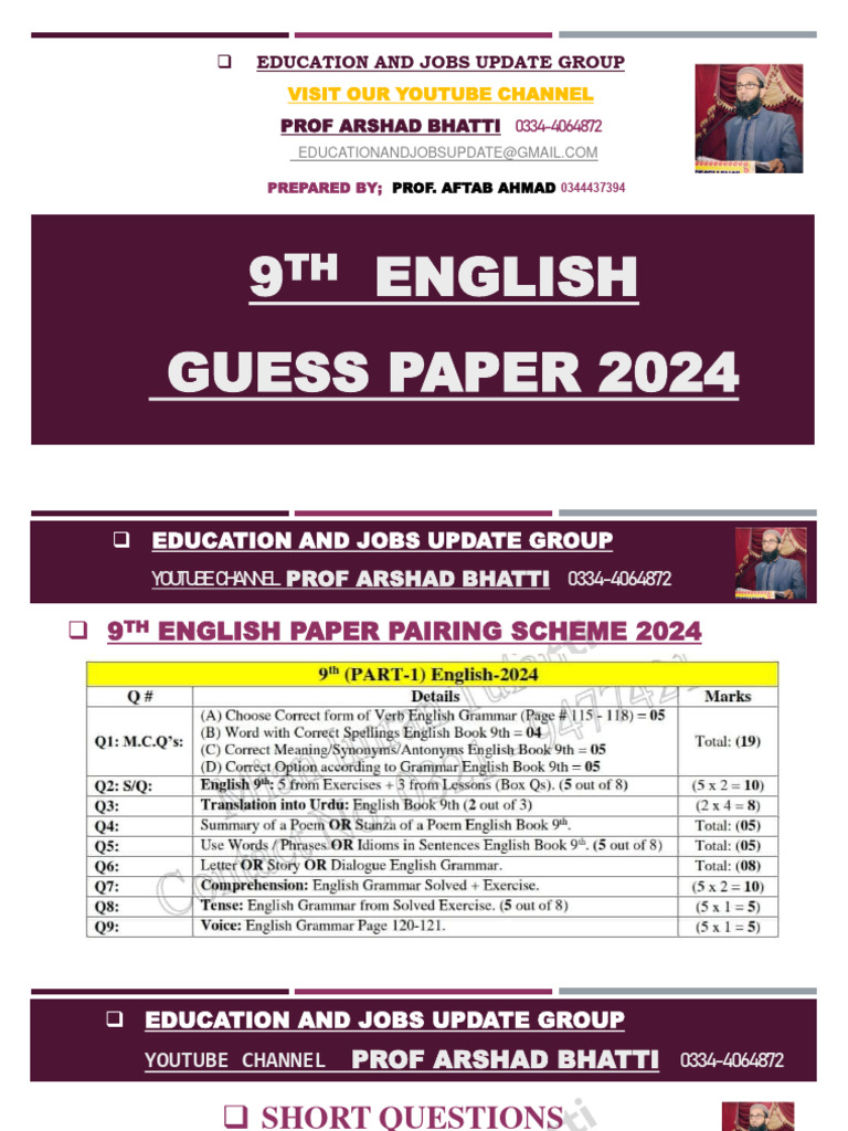9th Class English Guess Paper 2024 | PDF | Muhammad Ali Jinnah