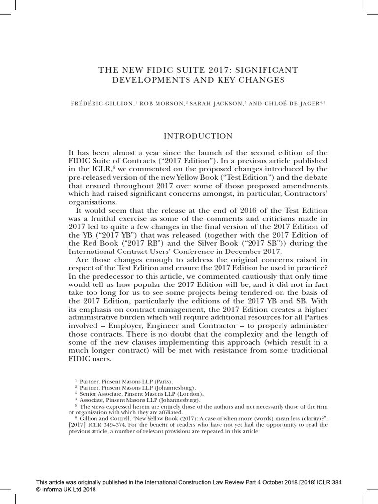 Article - The New FIDIC Suite 2017 - October 2018 (2018) ICLR 384 - 0 | PDF | Indemnity ...