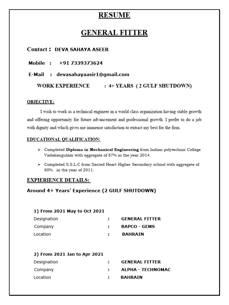 ASEER GENERAL FITTER Resume-1 | PDF | Valve | Fire Sprinkler System