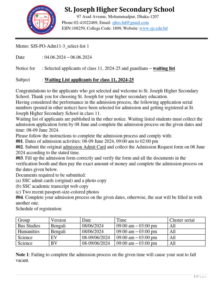 Selected Applicants of Class 11, 2024-25 and Guardians - Waiting List | PDF