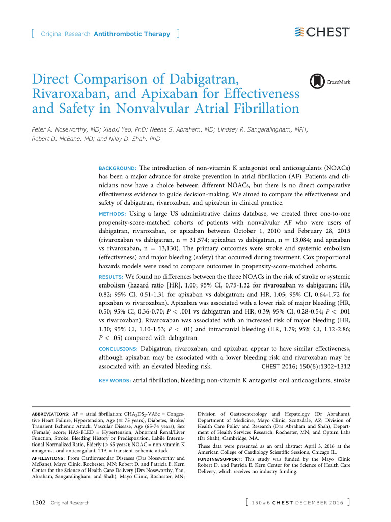 2016 - Direct Comparison of Dabigatran, Rivaroxaban, and Apixaban For ...