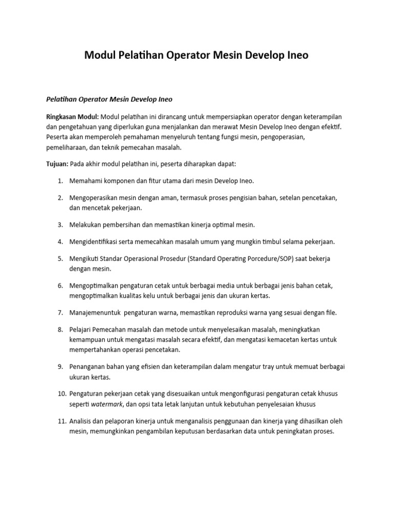 Modul Pelatihan Operator Mesin Devlop Ineo | PDF