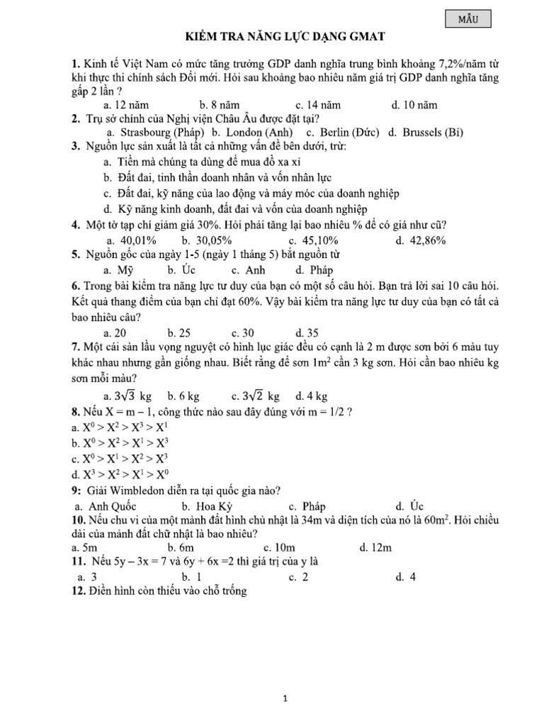 Mẫu Tham Khảo Một Số Câu Hỏi Đề Thi GMAT - UEH, Câu 1 -25 | PDF