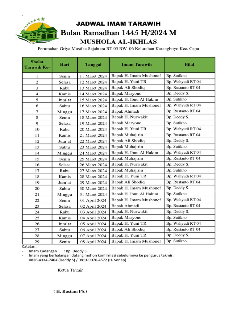JADWAL IMAM TARAWIH 2024 (Mushola) | PDF