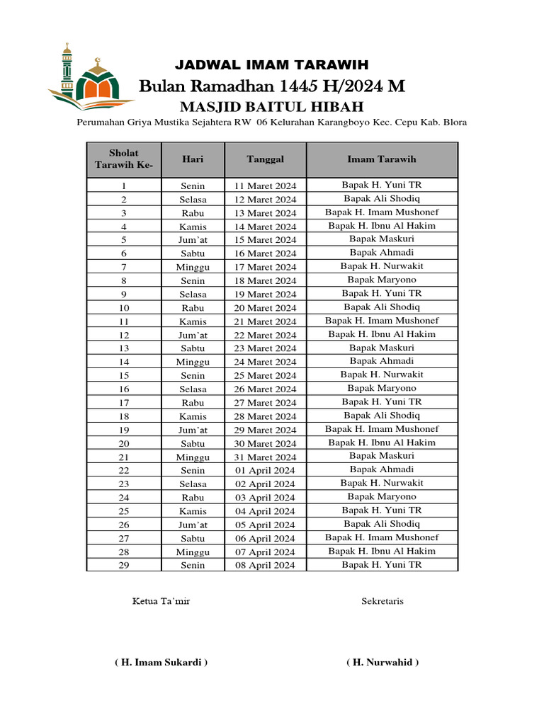 JADWAL IMAM TARAWIH 2024 (Masjid) | PDF
