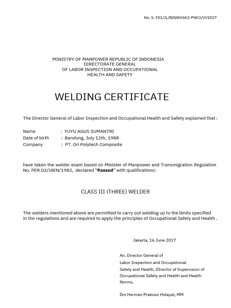 Yuyu Agus S Welder Certificate 2 | PDF | Welding | Construction