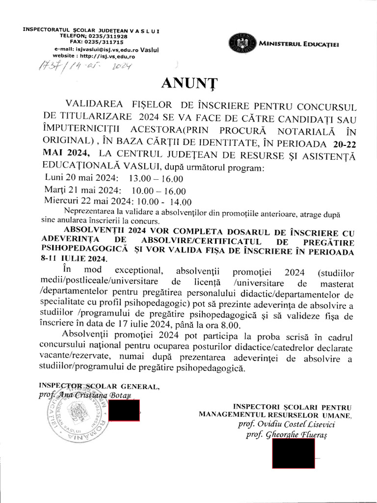 Anunt Validare Fise de Inscriere Titularizare 2024 | PDF