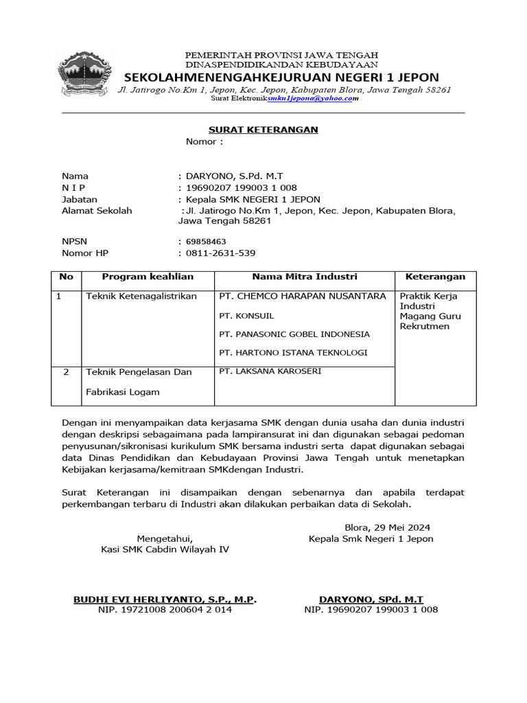 Surat Keterangan Dan Profil Dudi SMKN 1 Jepon | PDF | Karier & Perkembangan | Bisnis