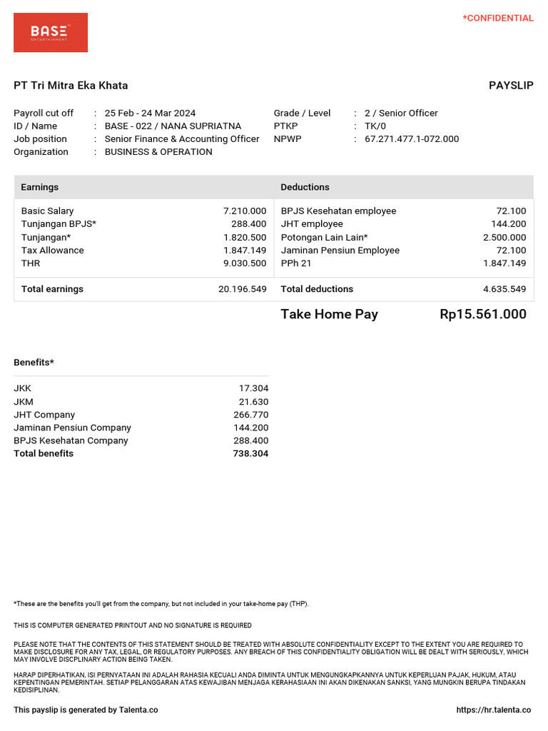 Payslip-PT Tri Mitra Eka Khata-3-2024-NANA SUPRIATNA | PDF | Paycheck | Public Finance