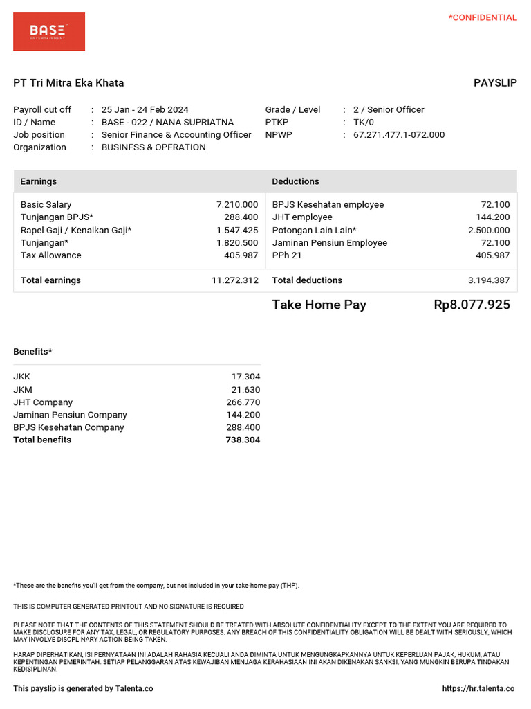 Payslip-PT Tri Mitra Eka Khata-2-2024-NANA SUPRIATNA | PDF | Paycheck | Public Finance