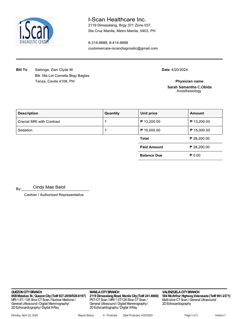 Invoice 2001381 | PDF | Medical Imaging | Medical Diagnosis