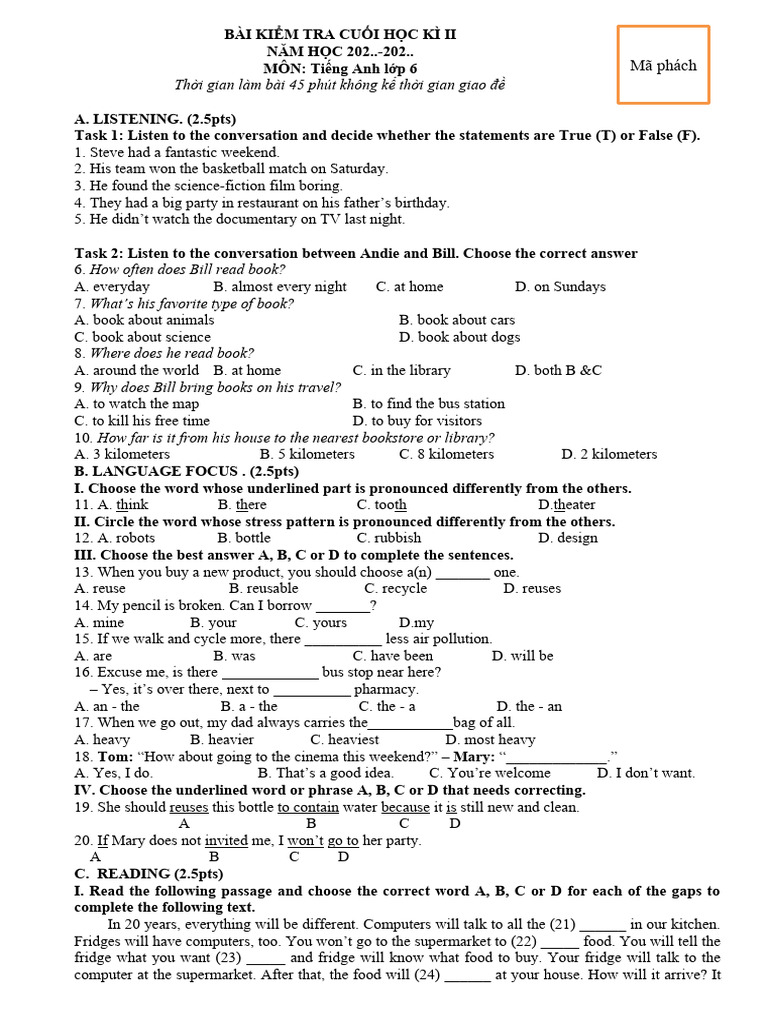 Đề kiểm tra cuối kỳ II - Anh 6 | PDF