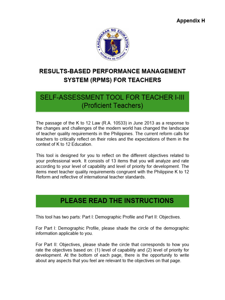 RPMS Self-Assessment Tool for Teachers | PDF | Learning | Curriculum