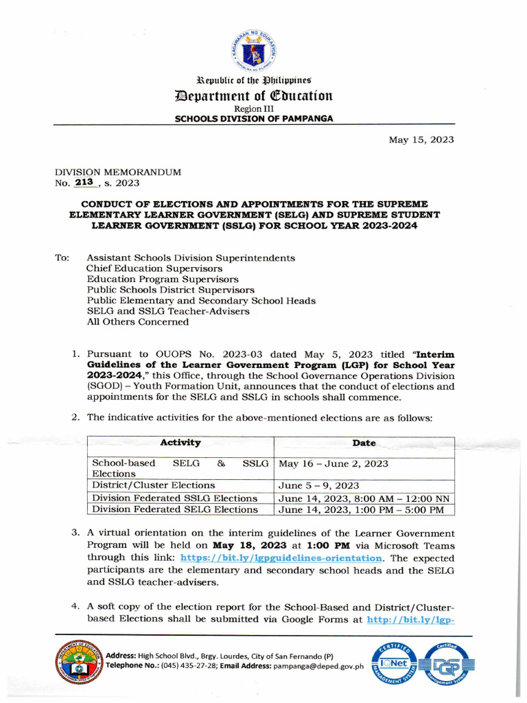 Division Memorandum No. 213, s. 2023 - Conduct of Elections and ...