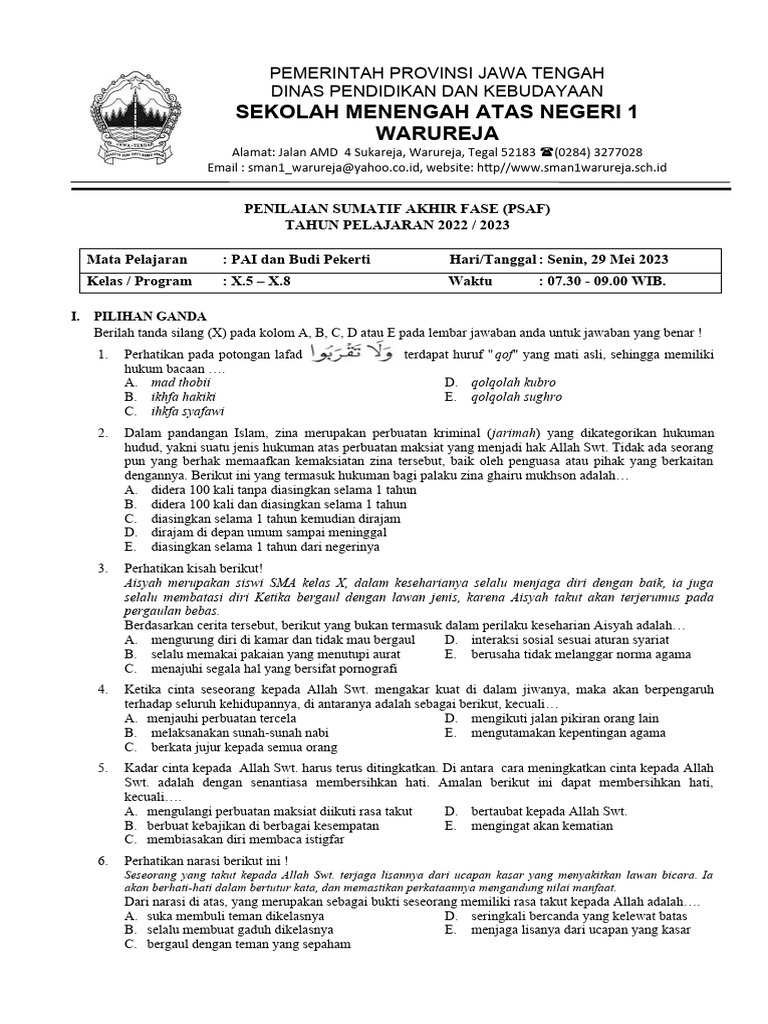 Soal Psaf Pai Dan BP Kelas X 2023.af | PDF | Agama & Spiritualitas