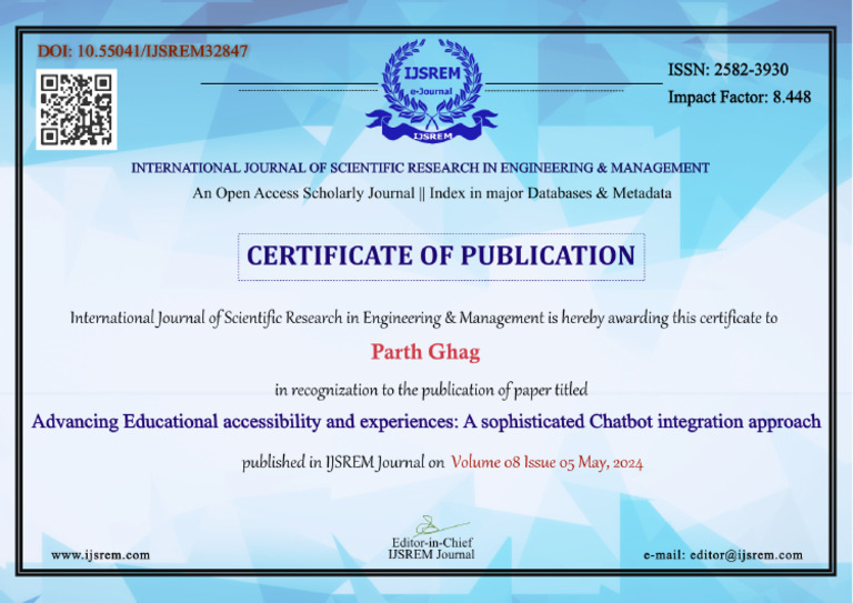 IJSREM Parth's Certificate | PDF