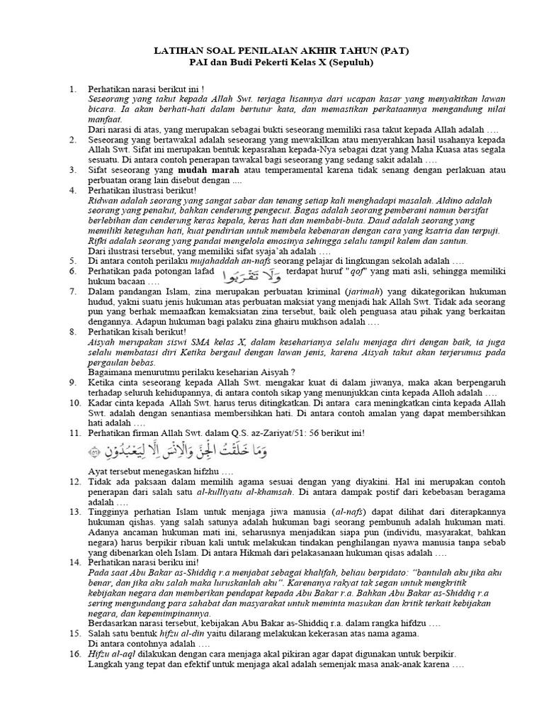 Latihan Soal PAT PAI Dan BP KELAS X 2024 | PDF