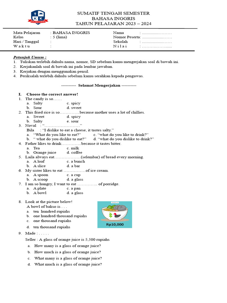 Soal STS 1 Bahasa Inggris Kelas 5 | PDF | Cuisine | Foods