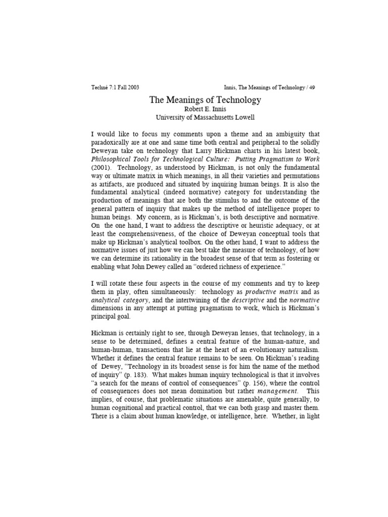 Reading 1 - Robert Innis On The Meaning of Technology | PDF ...