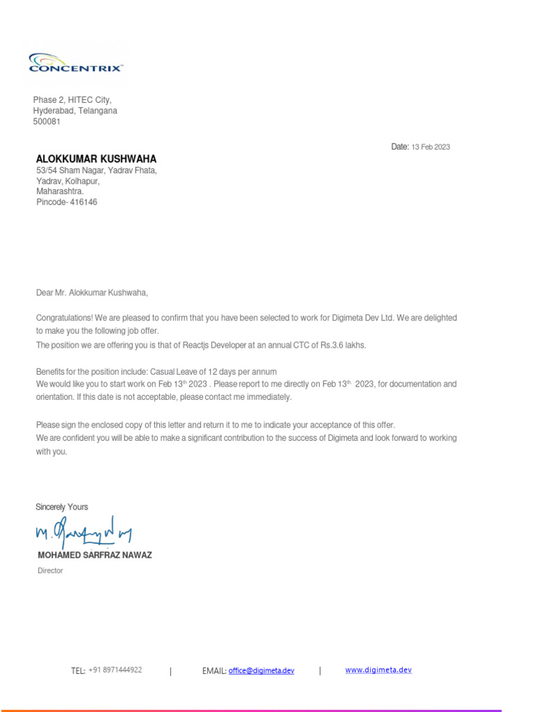 Offer Letter Alok | PDF | Career & Growth