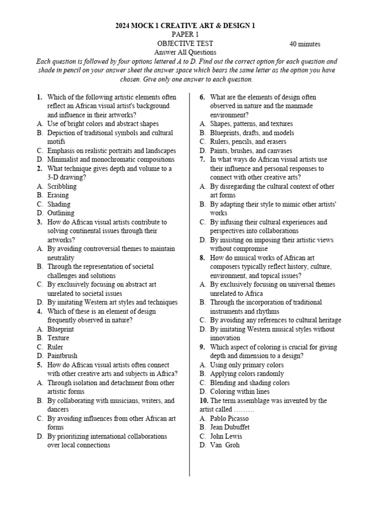 Creative Arts Bece Mock 1 2024 | PDF | Casting | Drawing