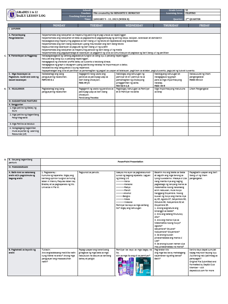 DLL Filipino 6 q2 w8 | PDF