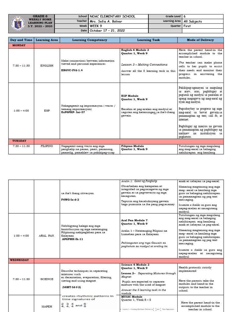 Grade 6 Weekly Learning Plan: Week 9 | PDF | Teachers