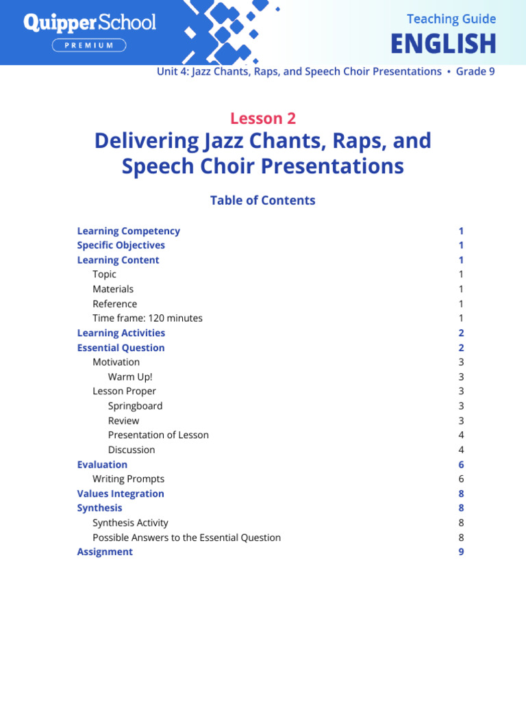 PDF (TG) - English 9 - Unit 4 - Lesson 2 - Delivering Jazz Chants, Raps, and Speech Choir ...