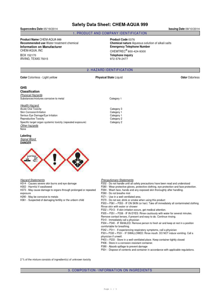 Safety Data Sheet for CHEM-AQUA 999 | PDF | Toxicity | Personal ...