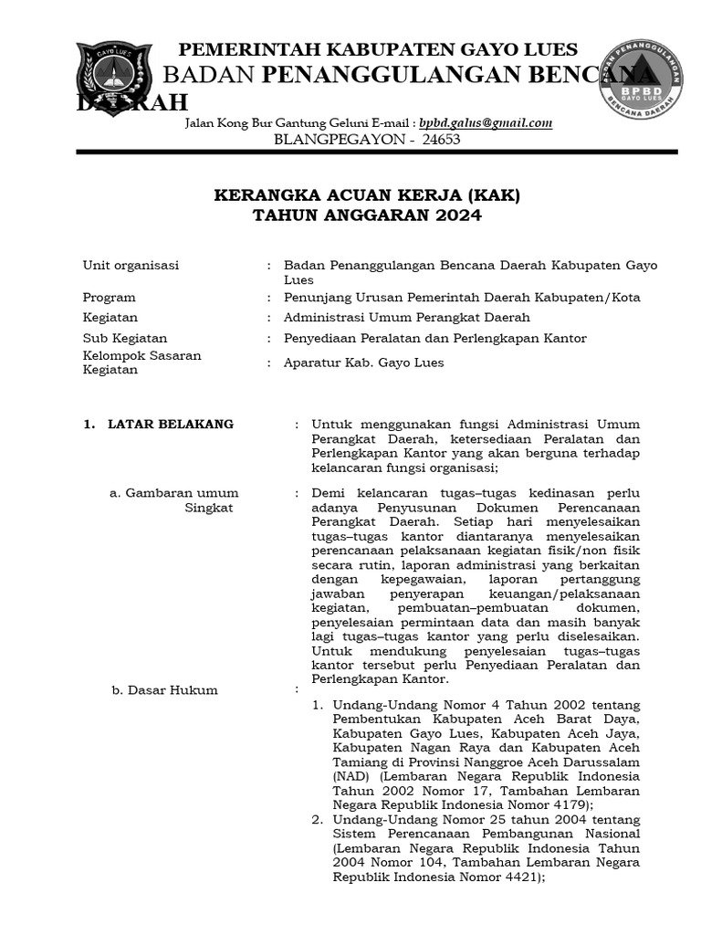 KAK Penyediaan Peralatan Dan Perlengkapan Kantor | PDF | Pengelolaan Keuangan & Uang