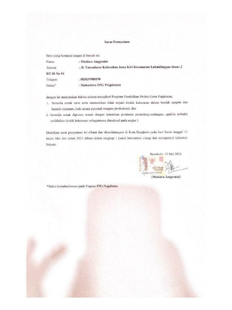 Surat Pernyataan PPKS | PDF