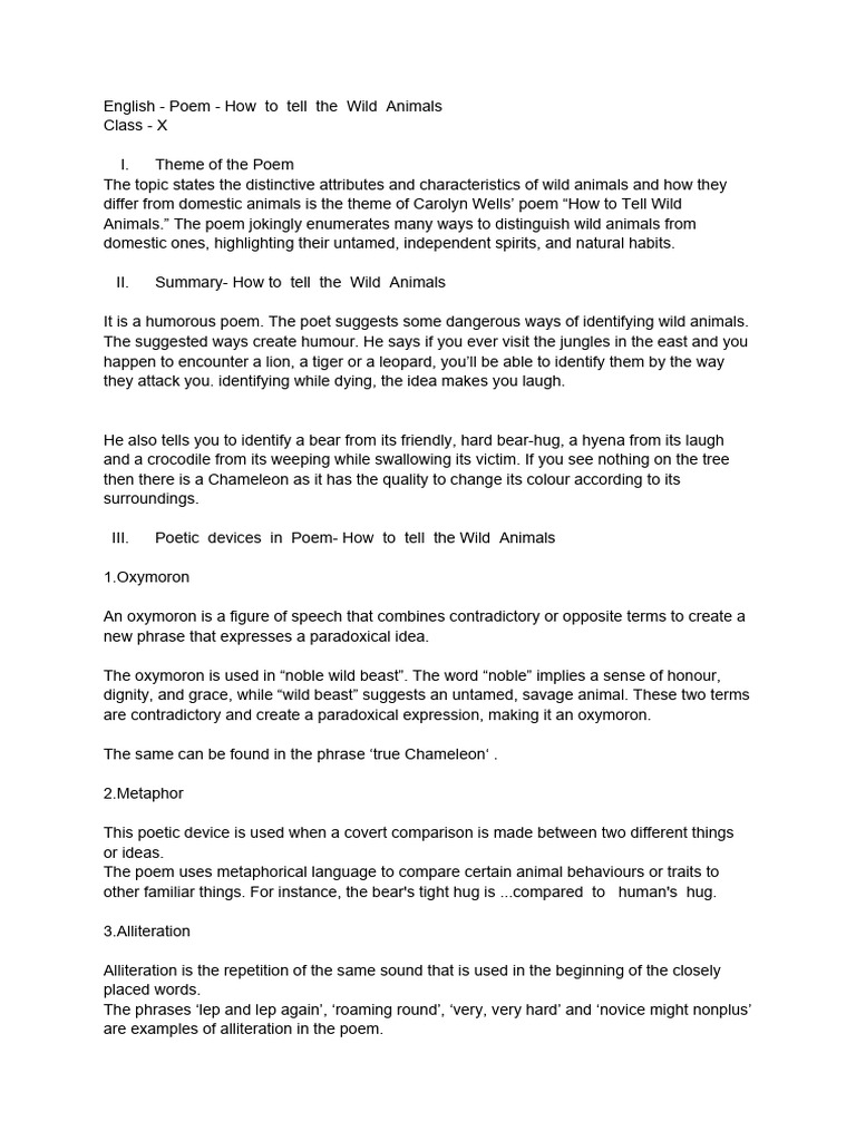 First Flight-Poem - How To Tell The Wild Animals | PDF | Poetry