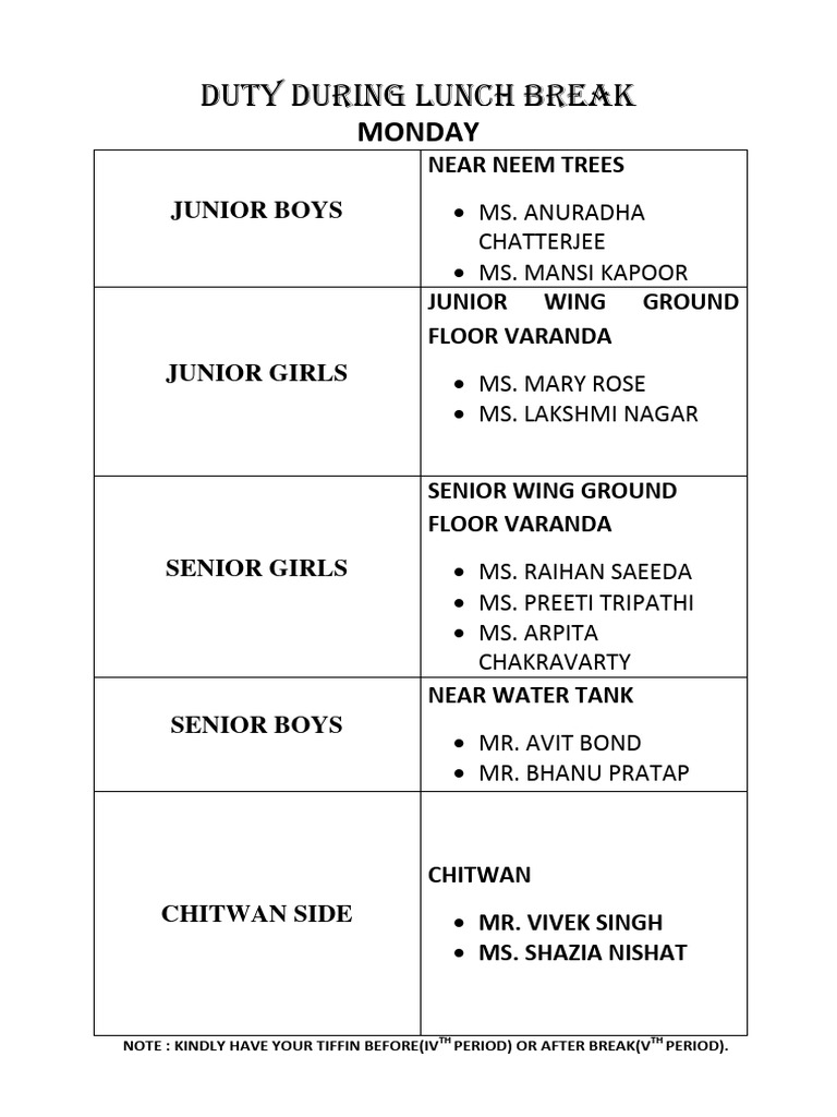 Lunch Duty Schedule for Students | PDF