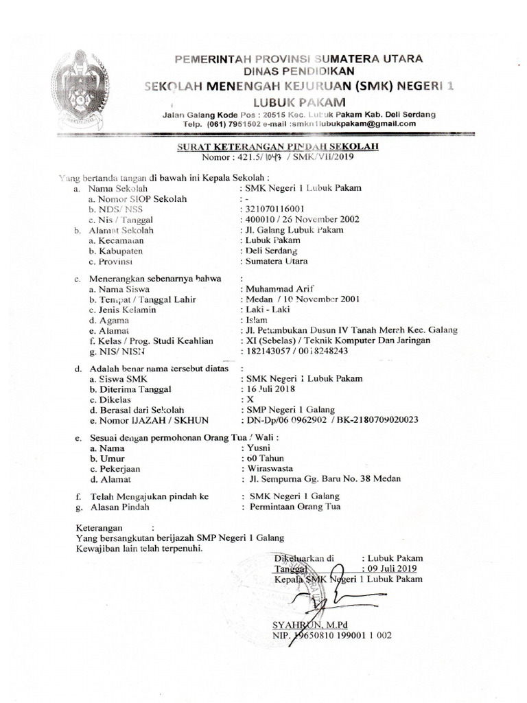 Surat Pindah M.arif | PDF