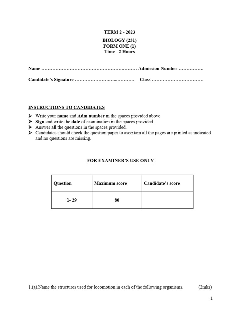 2023 BIOLOGY F1 QS T2 Exam Teacher - Co .Ke | PDF | Biology | Microscopy