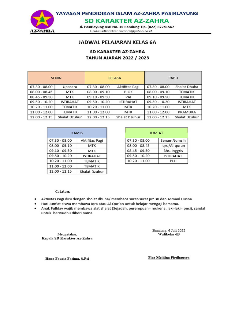JADWAL PELAJARAN KELAS 6B. New | PDF