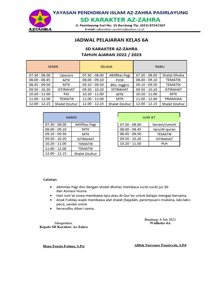 JADWAL PELAJARAN KELAS 6A. New | PDF