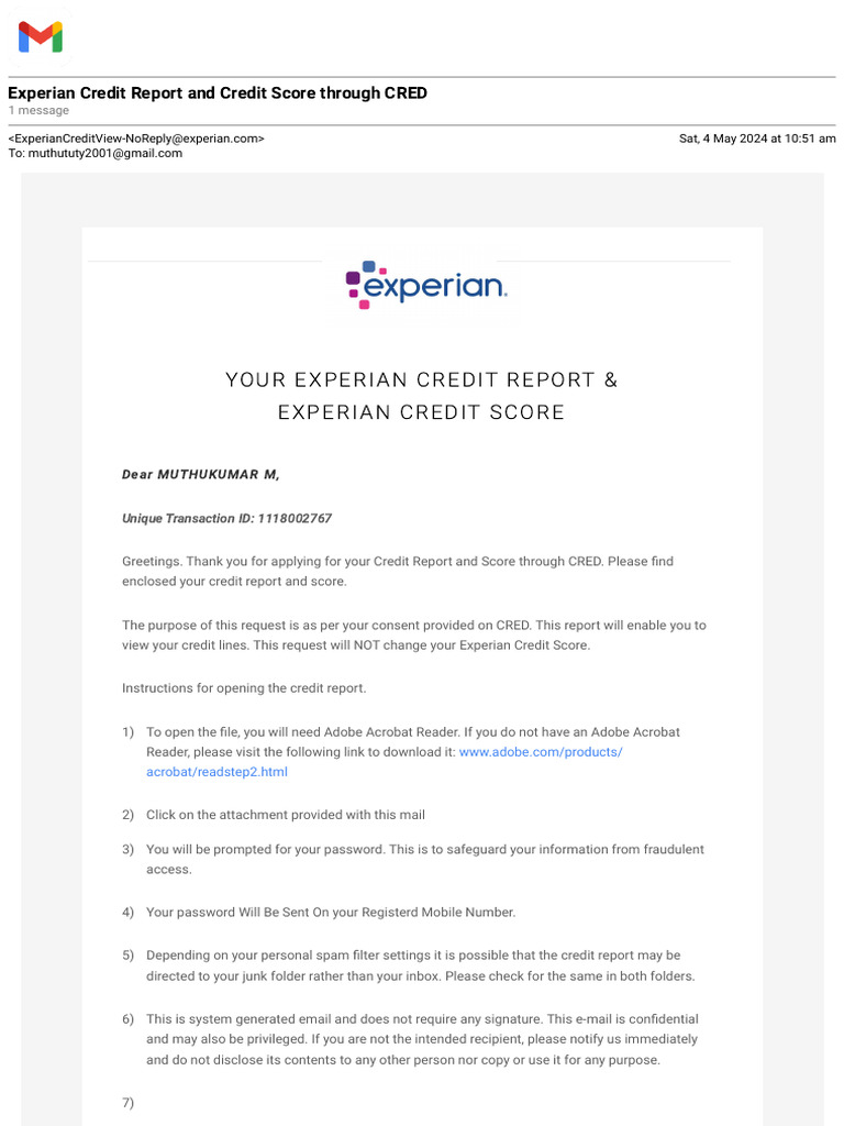 Accessing Your Experian Credit Report | PDF | Credit History | Gmail